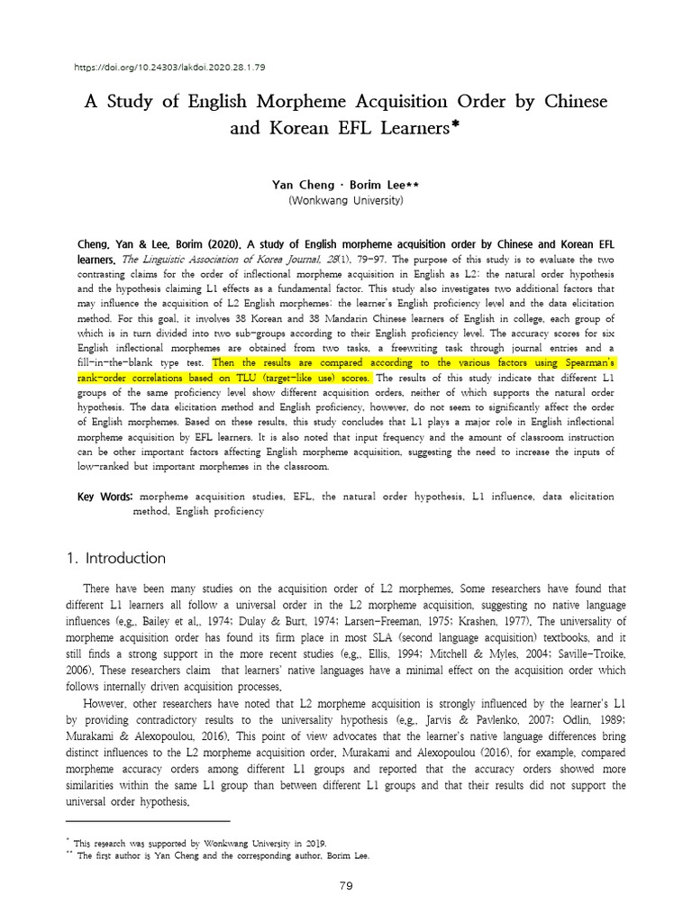 A Study of English Morpheme Acquisition Order by Chinese and Korean EFL ...