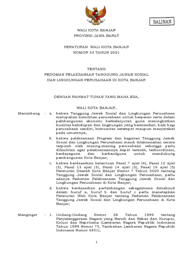 Perwal Nomor 33 Tahun 2021 Ttg Tata Cara Pelaksanaan Tjslp Pdf