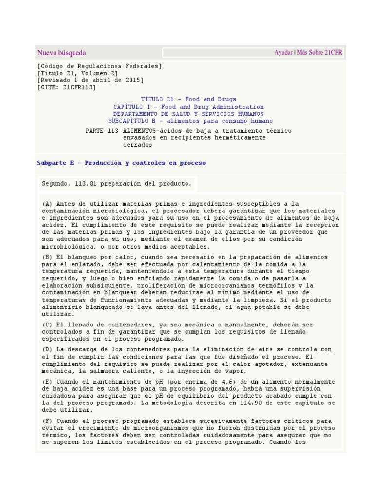 21 CFR PART 113 - E-Produccion y Controles de Proceso | PDF | Alimentos ...