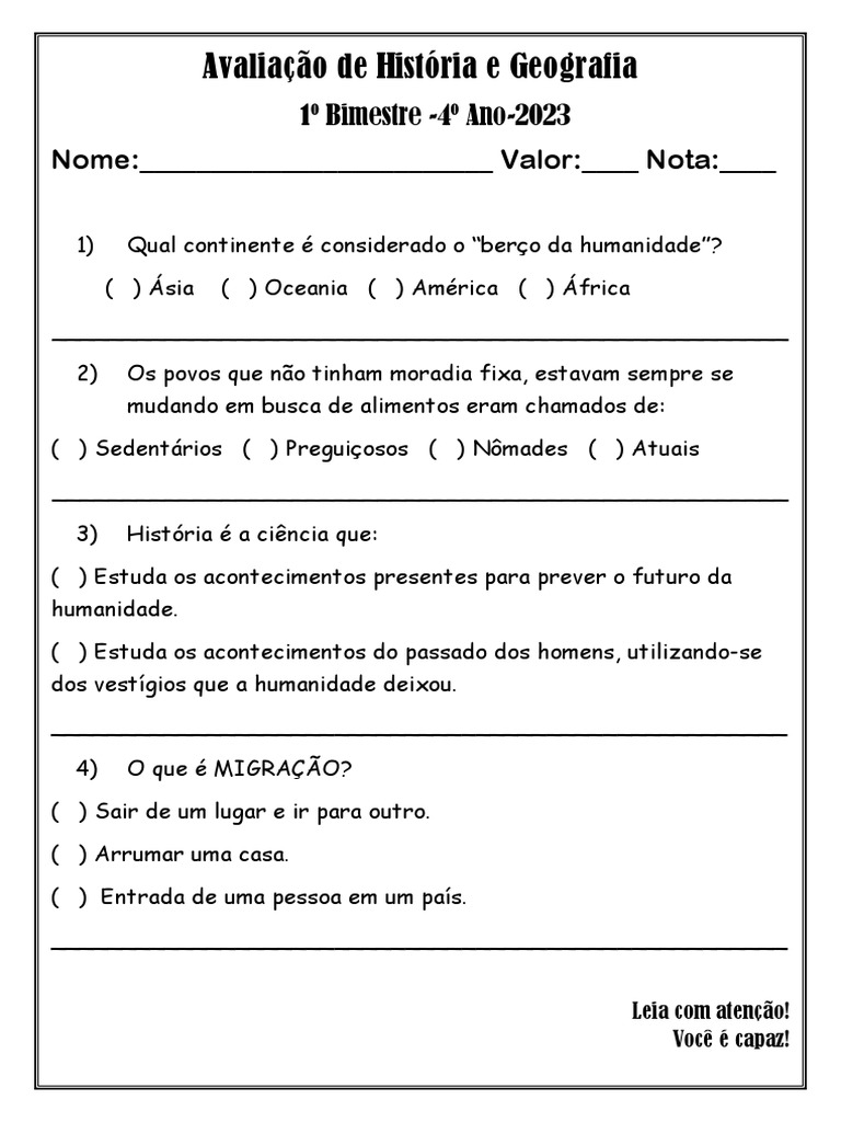 Avaliação Bimestral de História e Geografia | PDF