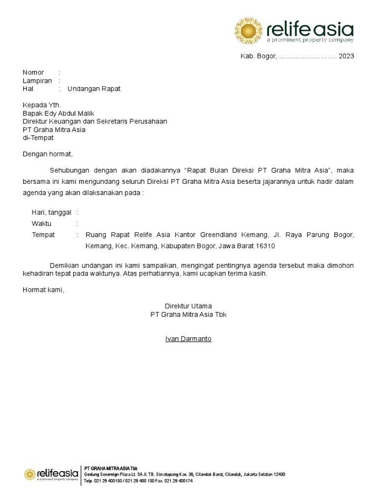 Form Surat Undangan Meeting Direksi | PDF