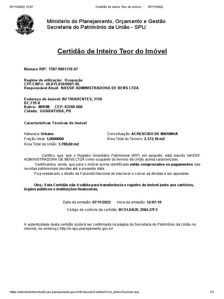 Certidão Spu 01 | PDF