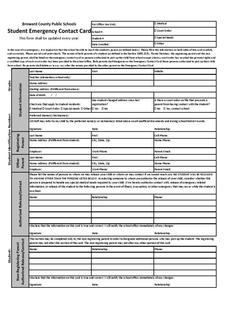 Broward County Public Schools Emergency Contact Card | PDF