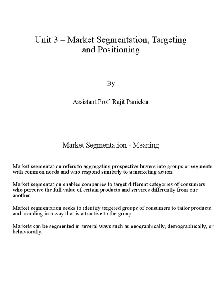 BOM Unit 3 - Market Segmentation, Targeting and Positioning | PDF