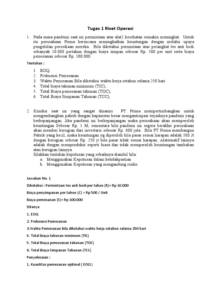 Tugas 1 Riset Operasi-20222 | PDF | Bisnis | Komputer