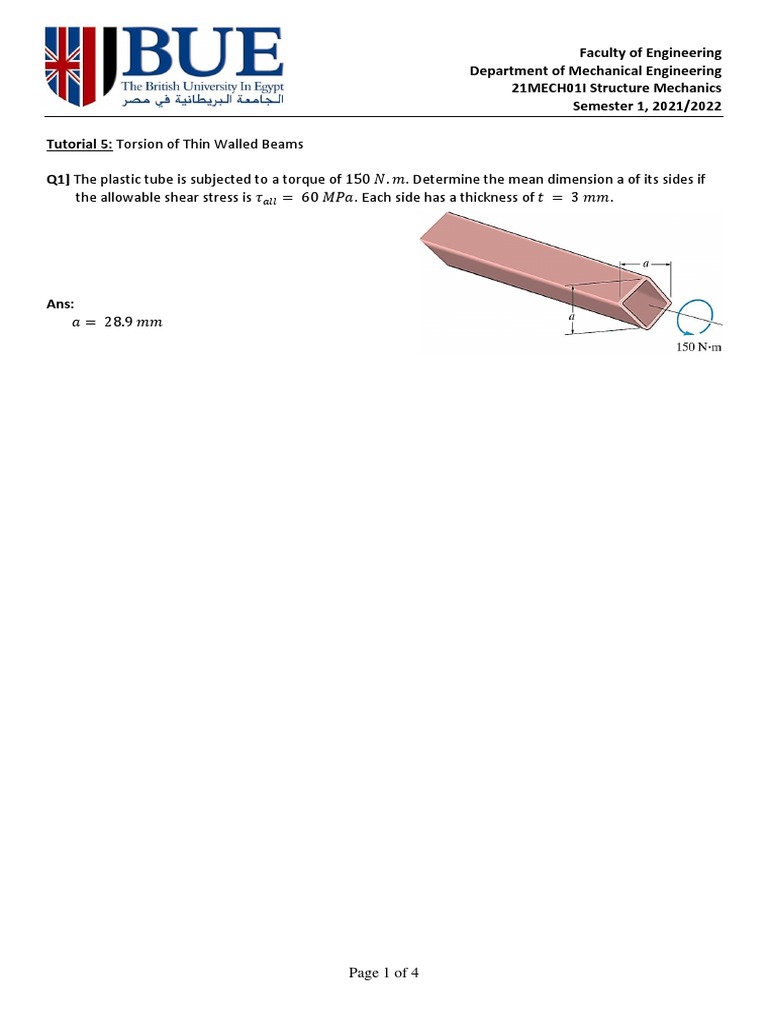 21MECH01I Tutorial 5 Torsion of Thin Walled Beams | PDF