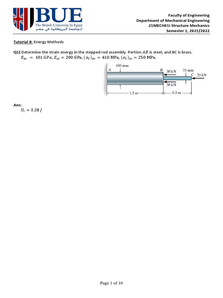 21MECH01I Tutorial 8 Energy Methods | PDF | Beam (Structure) | Physical ...