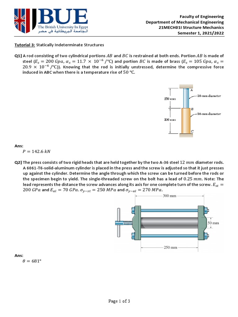 21MECH01I Tutorial 3 Statically Indeterminate Structures | PDF