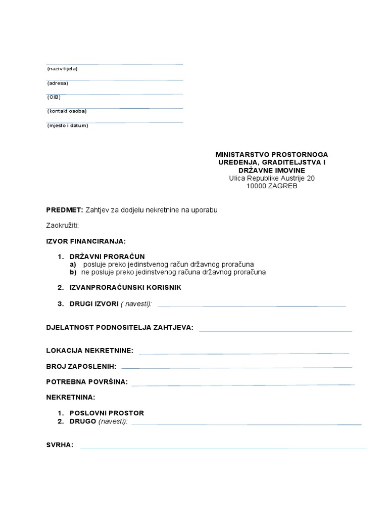 Obrazac Zahtjev Za Dodjelu Na Uporabu Nekretnine | PDF