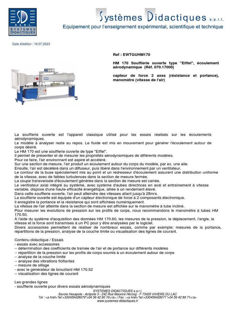 Fiche Technique EWTGUHM170 - HM 170 Soufflerie Ouverte Type - Eiffel - , Écoulement ...