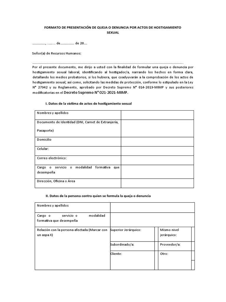 Formato De Presentación De Queja O Denuncia Por Actos De Hostigamiento 8874