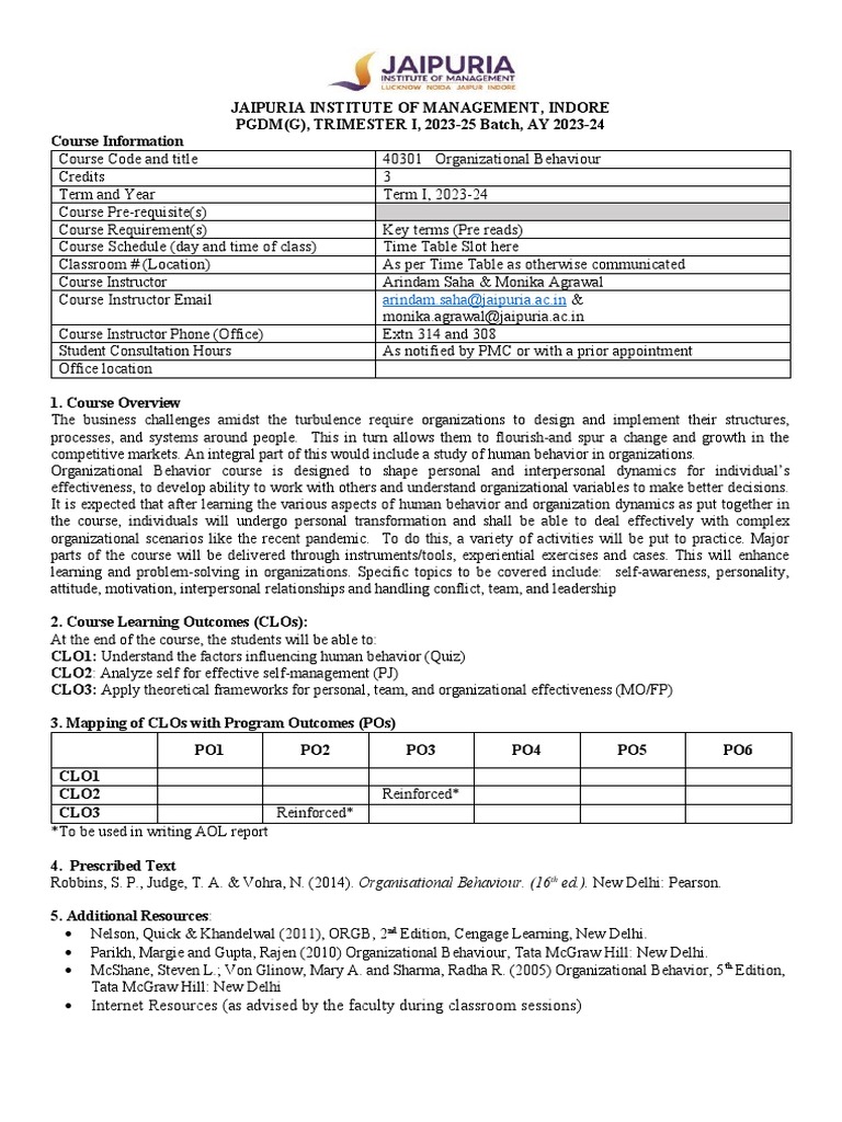 Course Outline OB-PGDM (G) AY 2023-24 (Batch 2023-25) As On 29 July, 23 ...