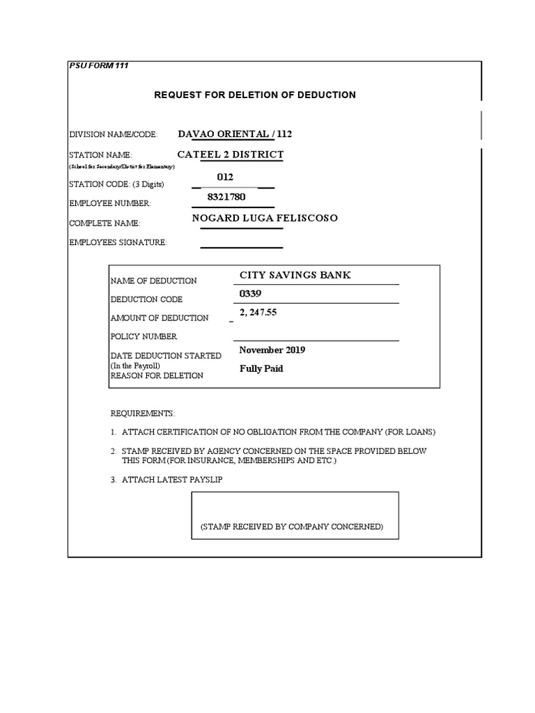 PSU Form 111: Deduction Deletion Request | PDF