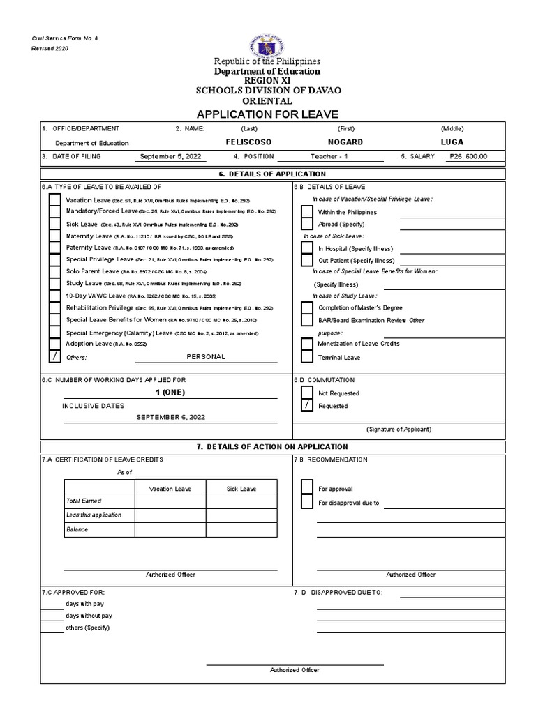 Cs Form No 6 Revised 2020 Application For Leave Pdf