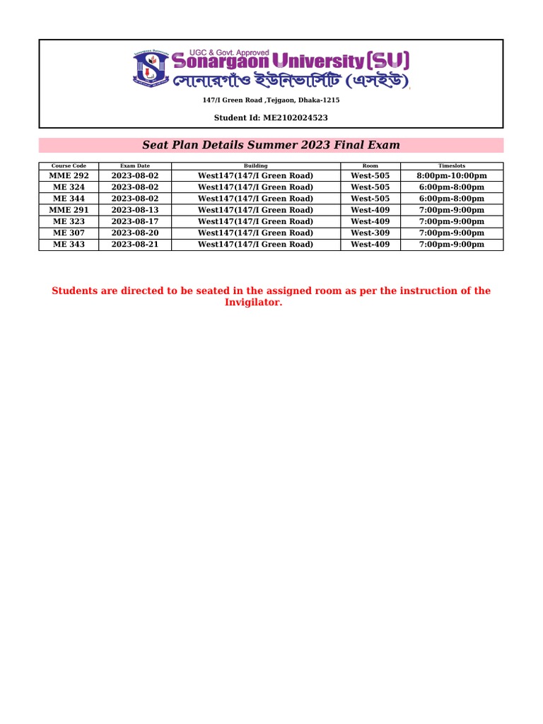 Exam Seat Plan | PDF