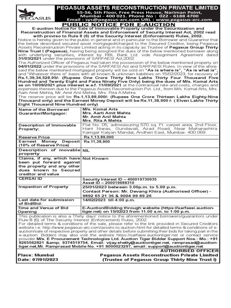 E-Auction Notice for Pegasus Assets | PDF | Security Interest | Business