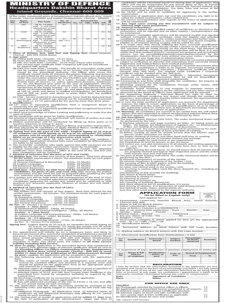 HQ DBA Chennai Official Notification& Application Form PDF | PDF