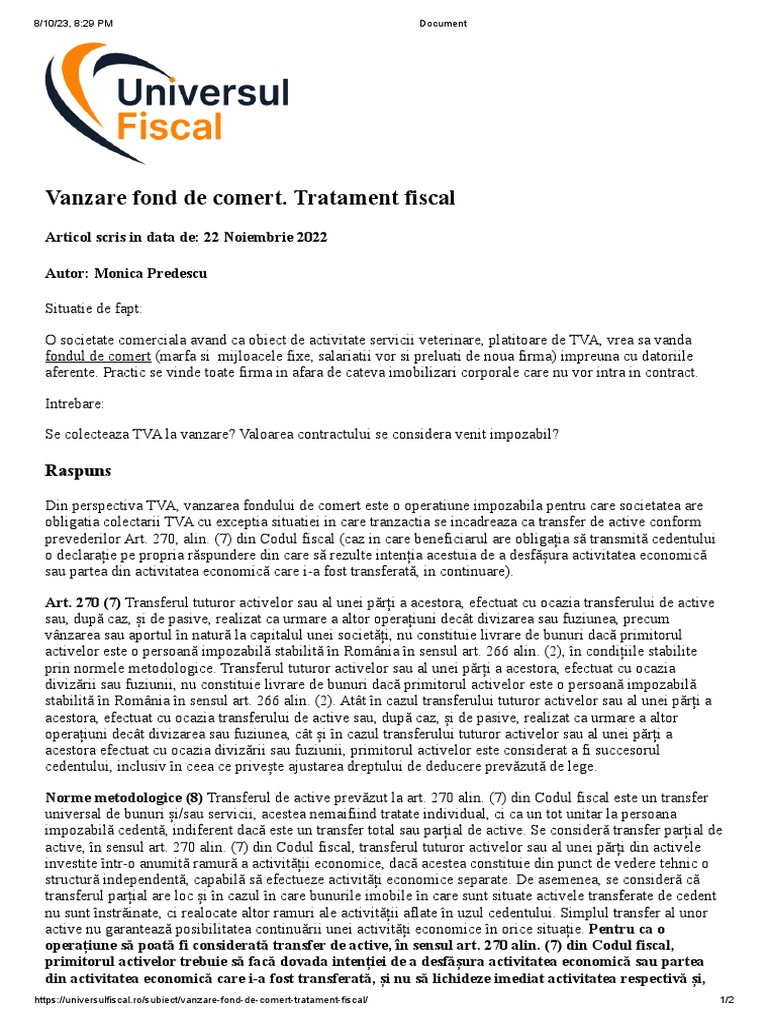 Vanzare Fond de Comert. Tratament Fiscal - Universul Fiscal | PDF