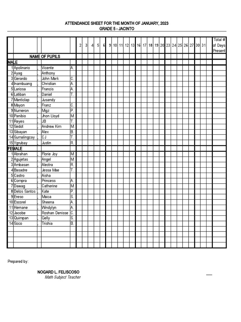 Attendance Sheet (January) | PDF