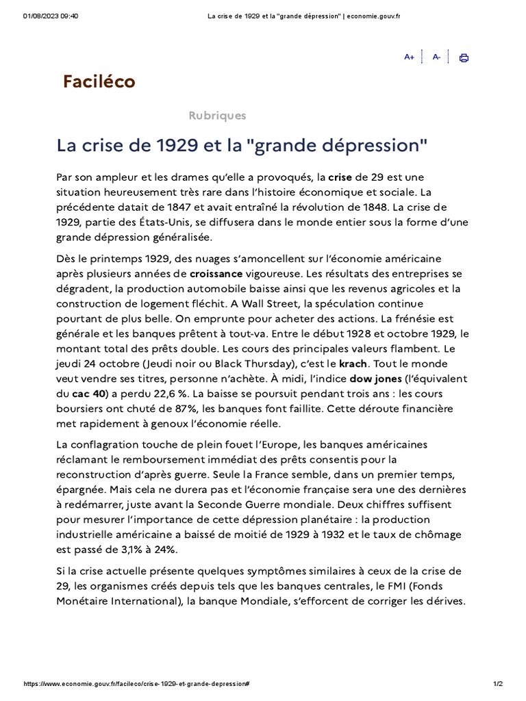 La Crise de 1929 Et La _grande Dépression_ _ Economie.gouv.Fr | PDF