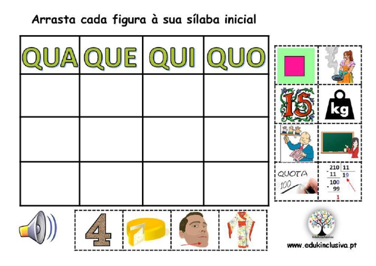 Consciencia Fonologica Recorte e Cole A Silaba Inicial QUA QUE QUI QUO ...
