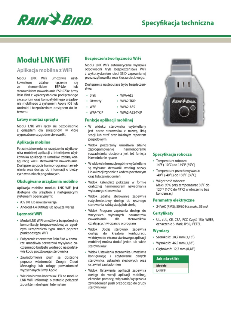 Karta Katalogowa Instrukcja Rain Bird Rainbird LNK Wifi Wi Fi Modul 2 | PDF