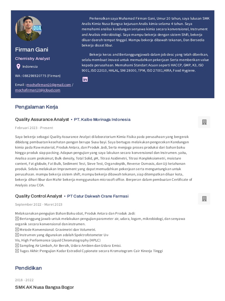 CV - M.Firman Gani - Analis Kimia - 2023 | PDF