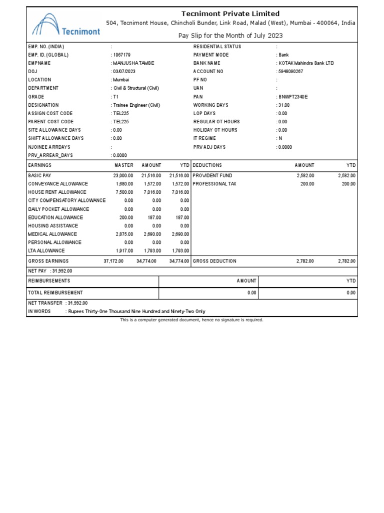 Payslip Jul2023 | PDF | Finance & Money Management