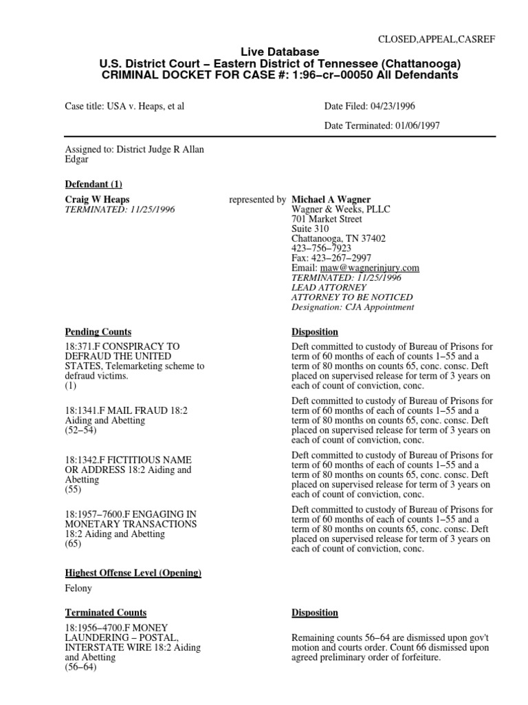 Heaps & Kriedel - Criminal Docket For Case 1-96-Cr-00050 All Defendants ...
