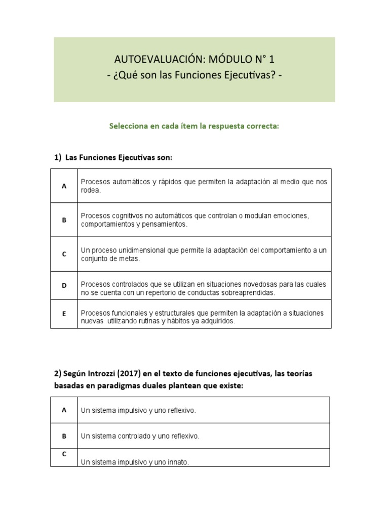 FUNCIONES EJECUTIVAS - Autoevaluacion Modulo1 | PDF