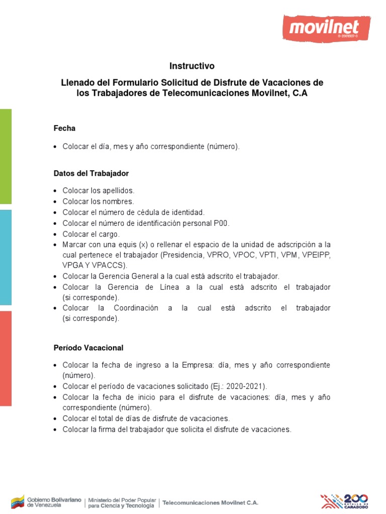 Instructivo Formulario Vacaciones Movilnet | PDF