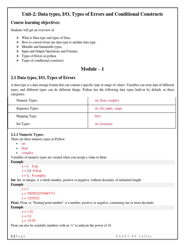 Unit - 2 - Data Types, IO, Types of Errors and Control - Structures | PDF Unit - 2 - Data Types, IO, Types of Errors and Control - Structures | PDF