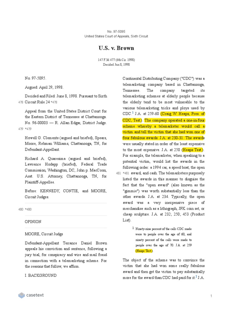 Details About Craig Heaps Fraud Case - U.S. v. Brown, 147 F.3d 477 (6th ...