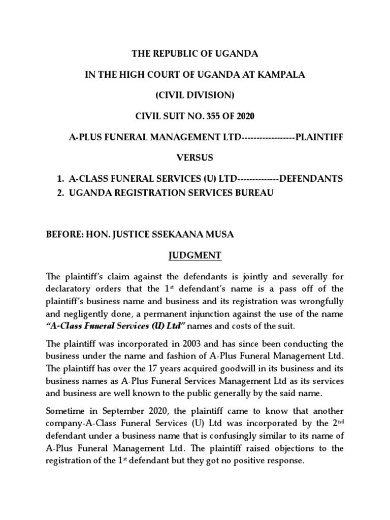Judgment A-Plus Funeral Management LTD V A-Class Funeral Services (U ...