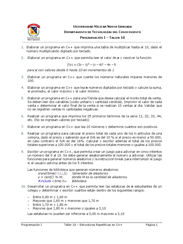 Taller 10 Estructuras Repetitivas en C++ | PDF | C ++ | Salario mínimo