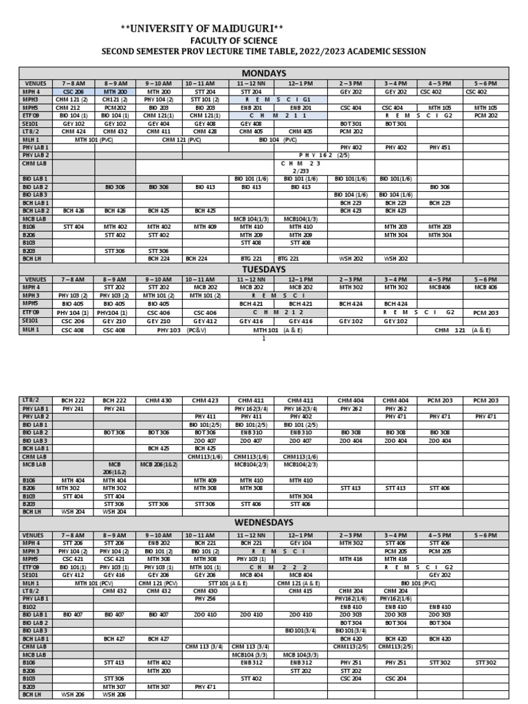 Faculty of Science Second Semester Lecture Time Table 2022-2023 Session ...