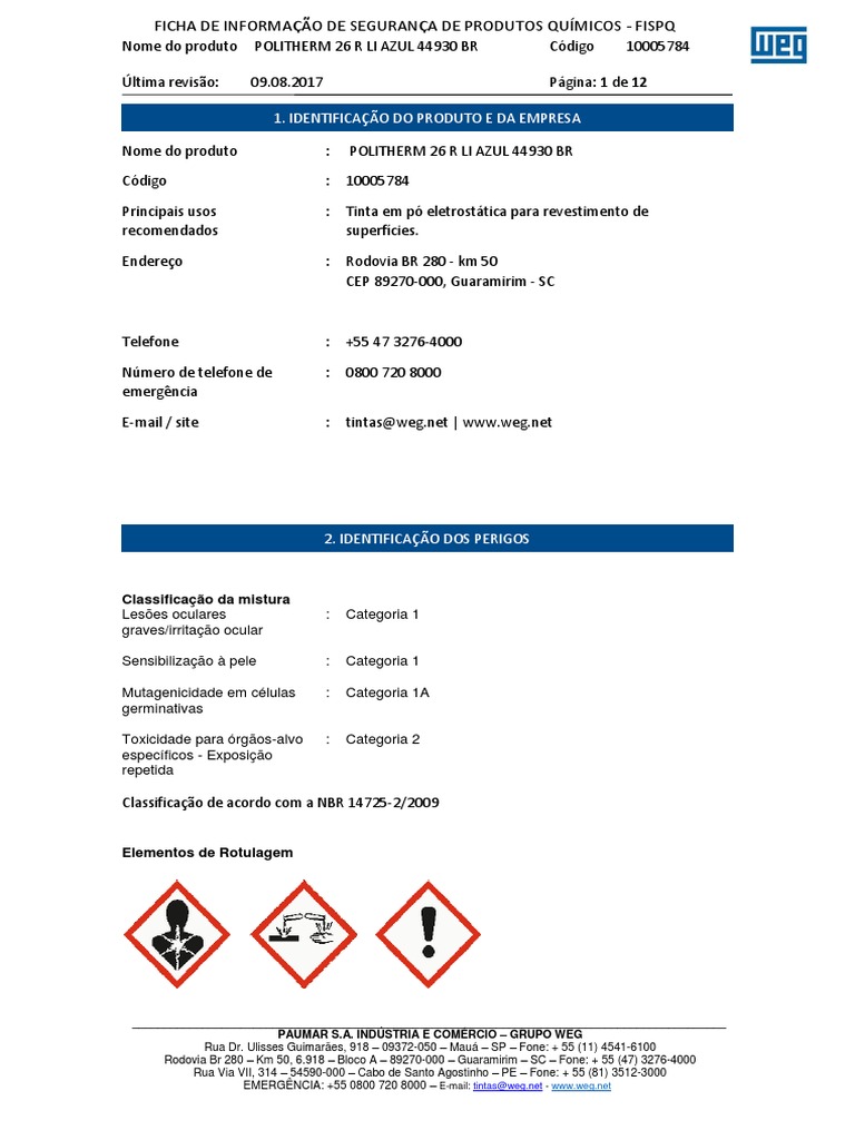 FISPQ - FICHA DE INFORMAÇÃO DE SEGURANÇA DE PRODUTOS QUÍMICOS | PDF