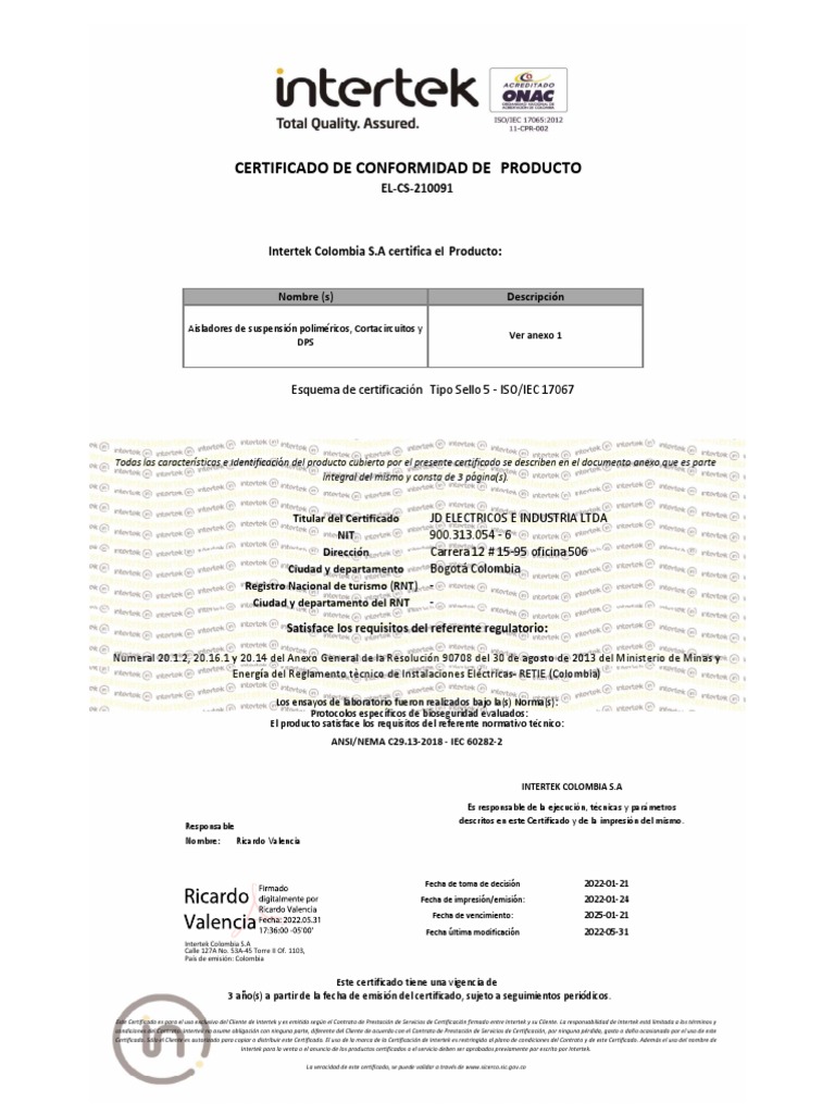 Certificado Aisladores Polimericos Cortacircuitos y Pararrayos | PDF | Colombia