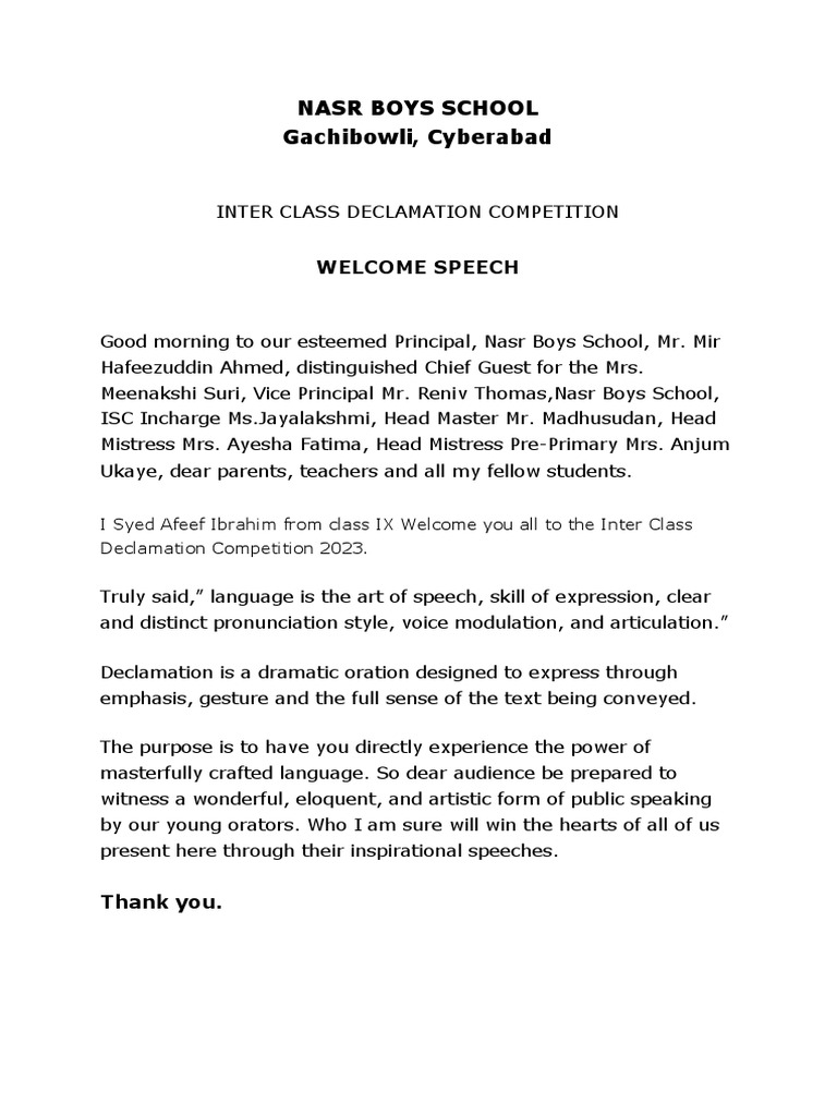 Welcome Speech Declamation - 2023-2 | PDF