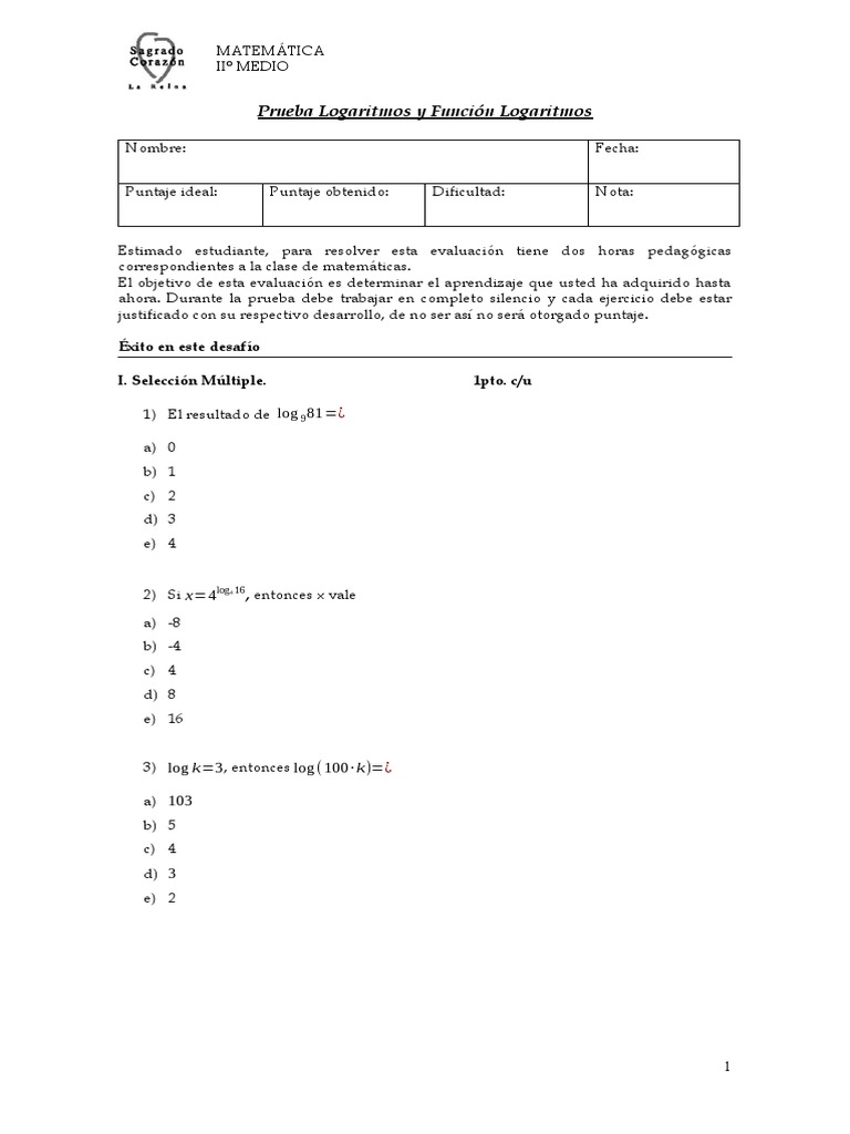 Prueba 3 - Logaritmos | PDF | Matemáticas