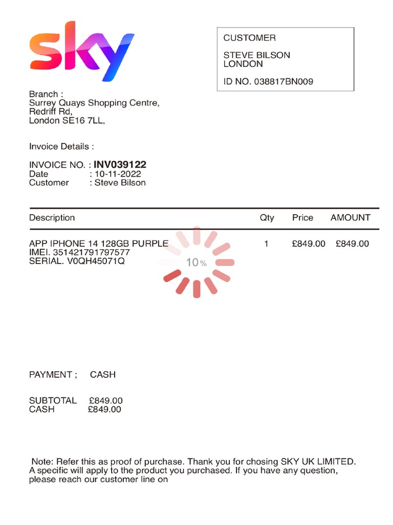 SKY UK INVOICE IPHONE 14,ROW,128GB,PURPLE | PDF