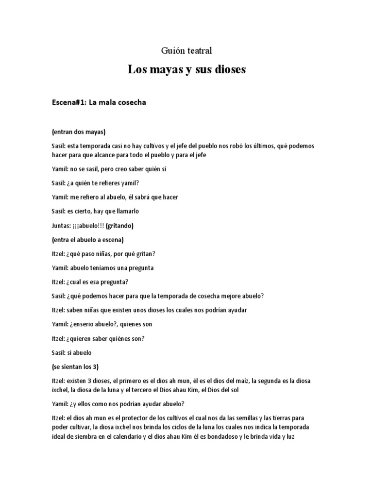 Guión teatral Los mayas y sus dios | PDF