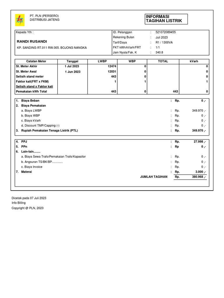 Rek Listrik Juli 2023 | PDF