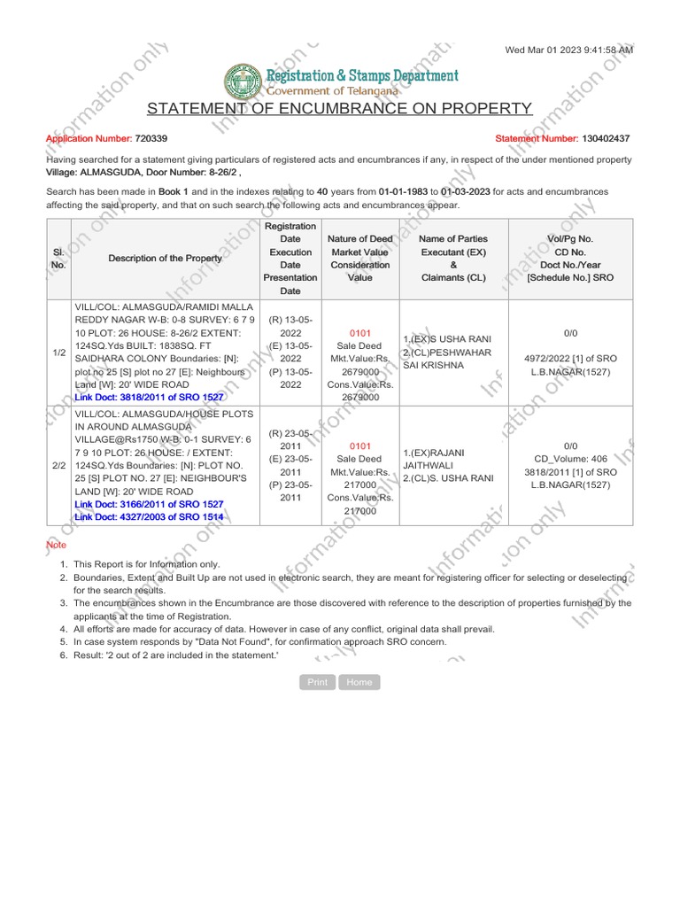Property Encumbrance Statement - Almasguda | PDF | Property Law ...