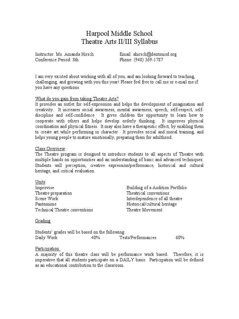 Theatre 2 3 Syllabus - Harpool | PDF | Self Esteem | Theatre