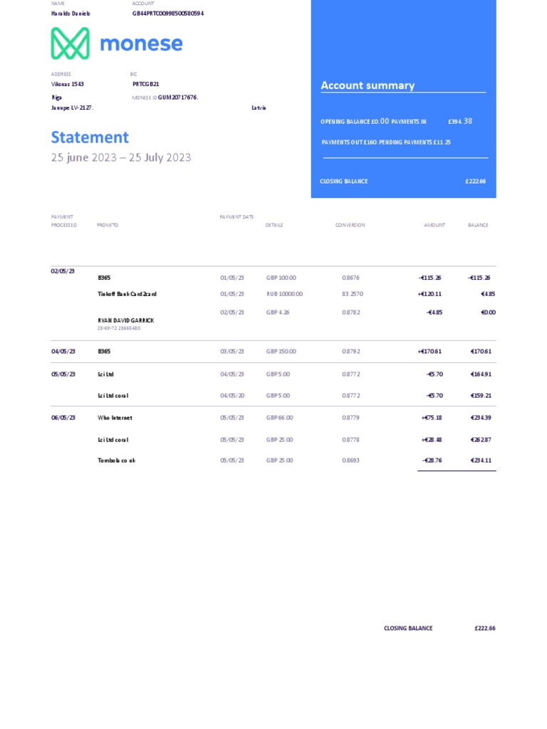 Monese Statement | PDF | Financial Technology | Finance & Money Management