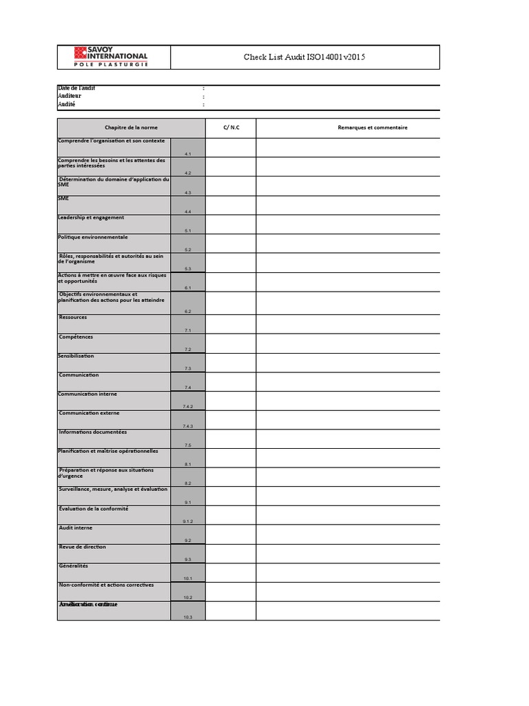 Check List Audit ISO14001v2015 | PDF