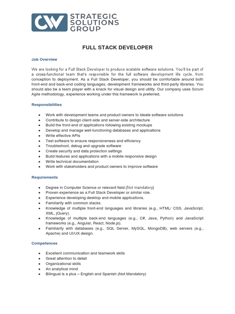Full Stack Developer - Job Description CWSSG | PDF | Java Script ...