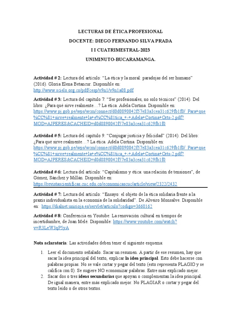 ACTIVIDADES Y LECTURAS DE ETICA PROFESIONAL (2023) Cuatrim | PDF | Crecimiento personal y ...