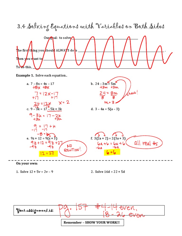 Solving Equations with Variables Both Sides | PDF